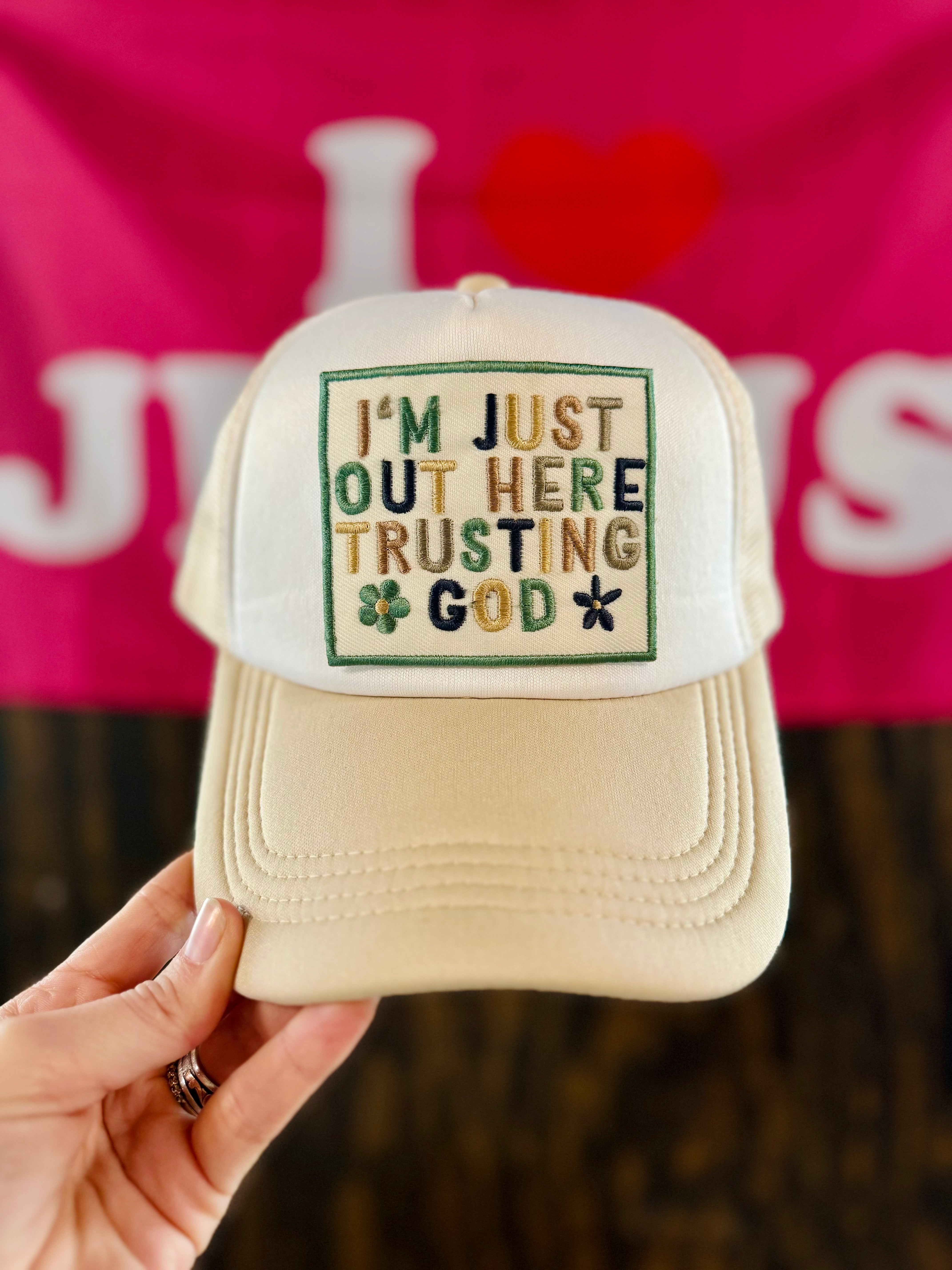 I’m Just Out Here Trusting God Hat, Christian Trucker Hat, Embroidered ...