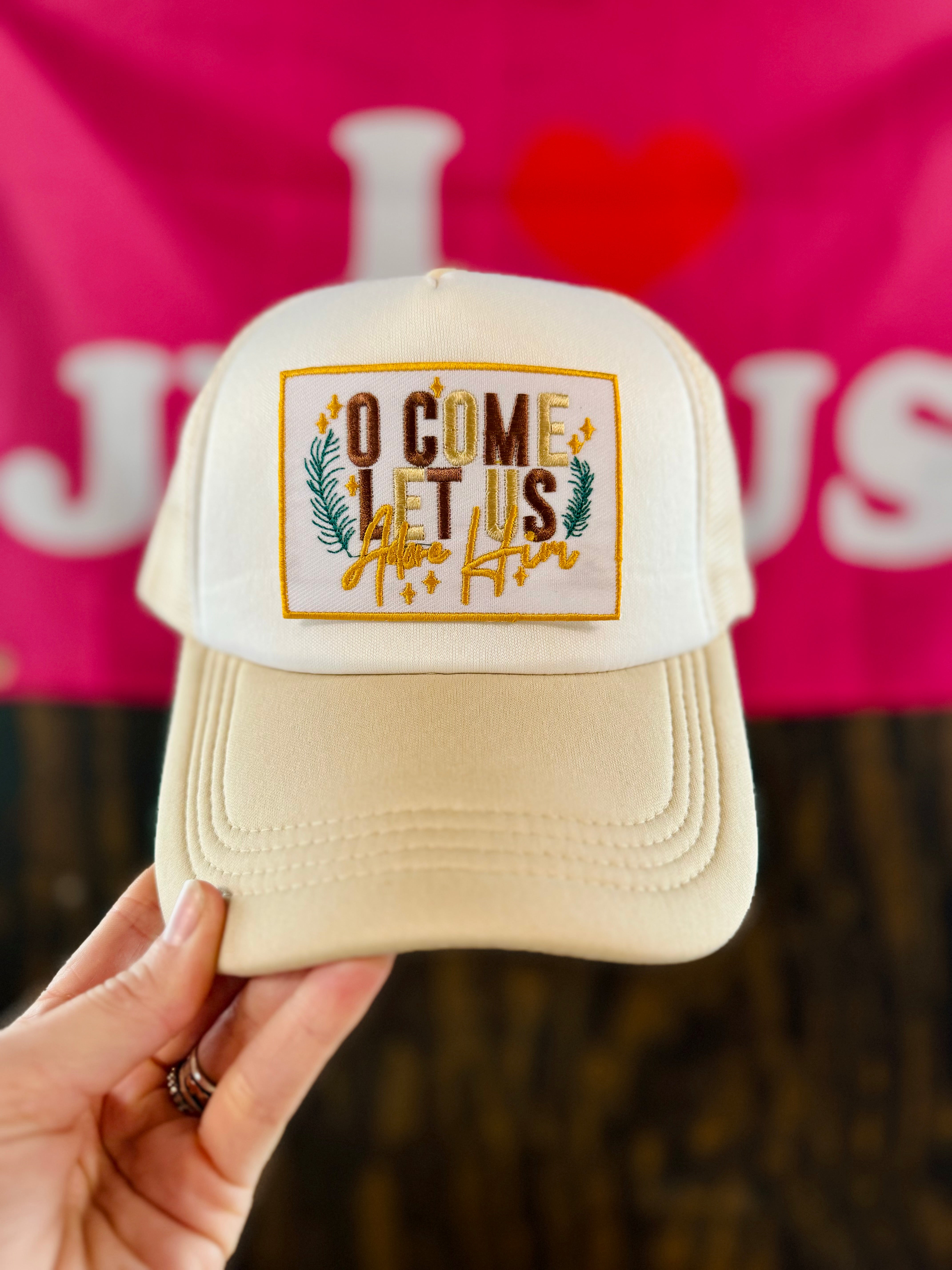 O Come Let Us Adore Him Hat, Christian Trucker Hat, Embroidered Patch ...