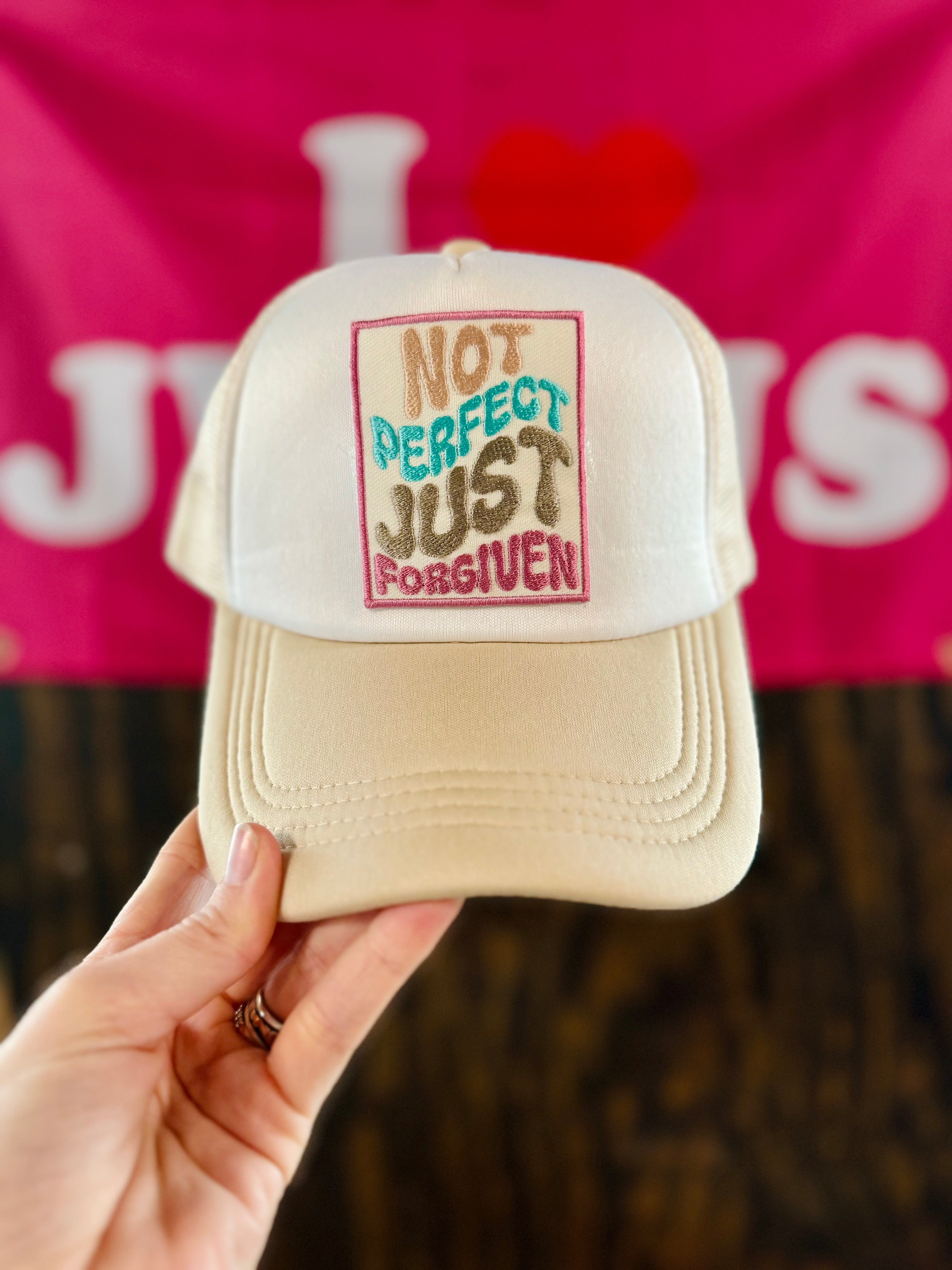 Not Perfect Just Forgiven Hat, Christian Trucker Hat, Embroidered Patc ...